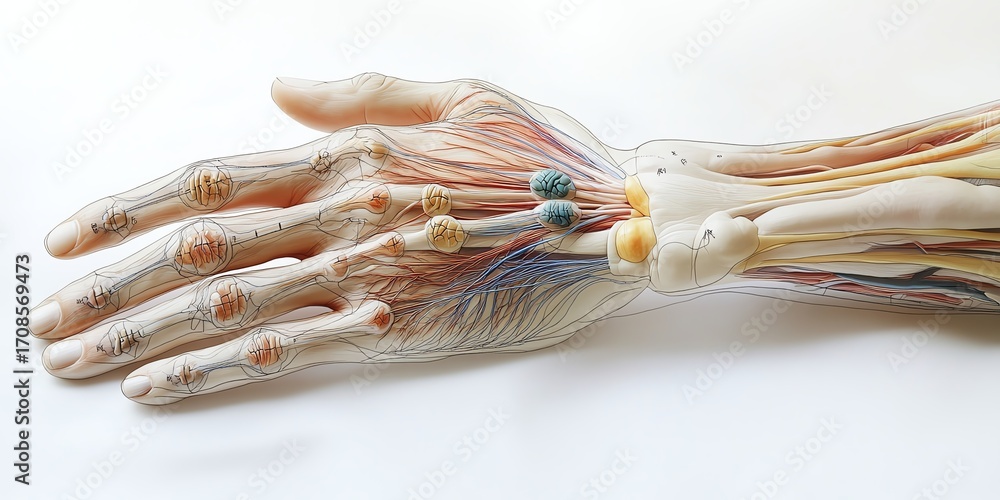Anatomical model of the human hand showing detailed muscle and nerve ...