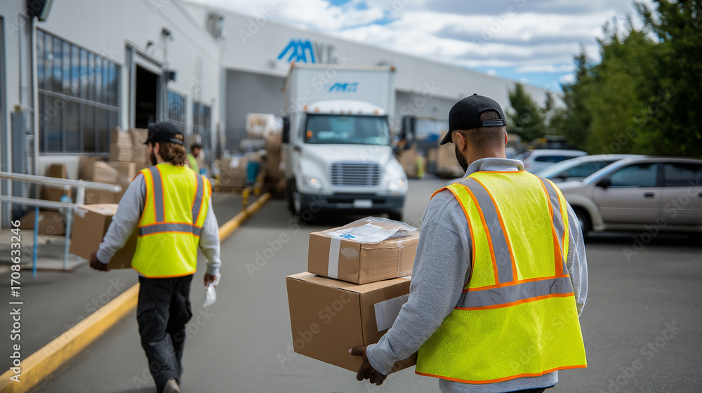 General plan: workers moving parcels toward truck while warehouse logo ...