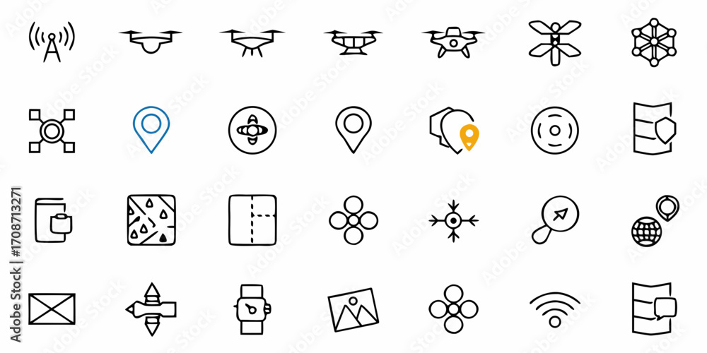 Essential technology and navigation icons for modern business, travel ...
