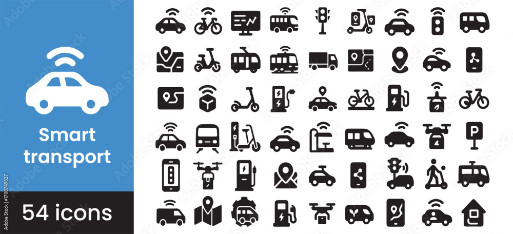 Smart transport and city mobility icon set for autonomous car and ...