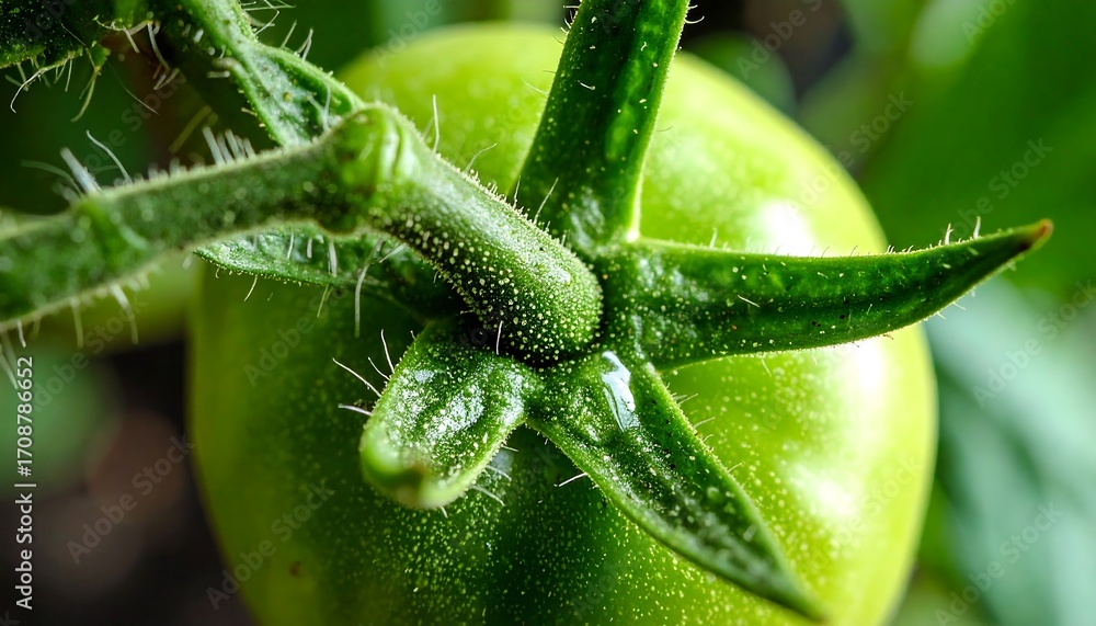 Immature green tomato, its stem and leaves covered with fine hairs, in ...