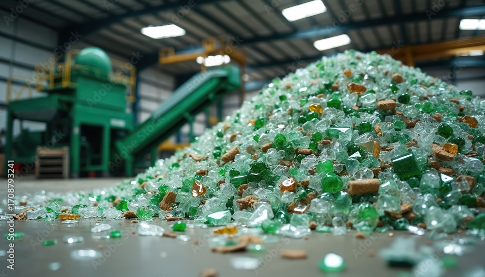 Large pile of crushed glass waste in shades of green, clear, with brown ...