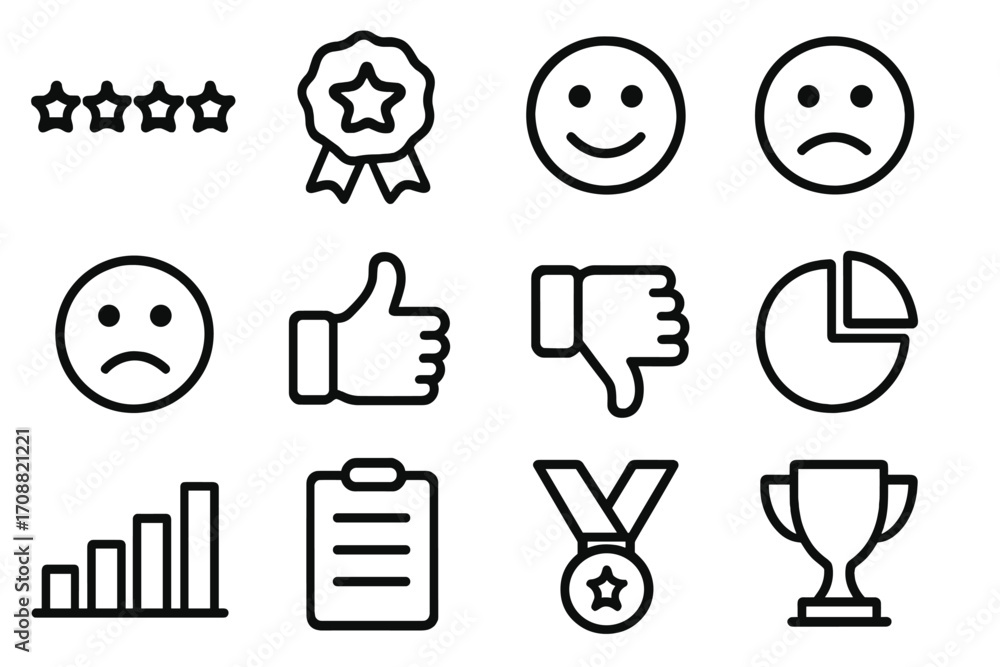 Feedback and rating linear icon set. featuring stars, badge, smiley ...