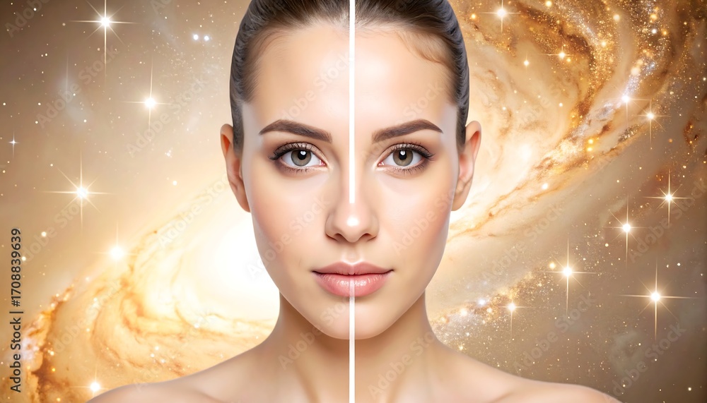 A woman's face, bisected by a vertical line, merges with a celestial ...