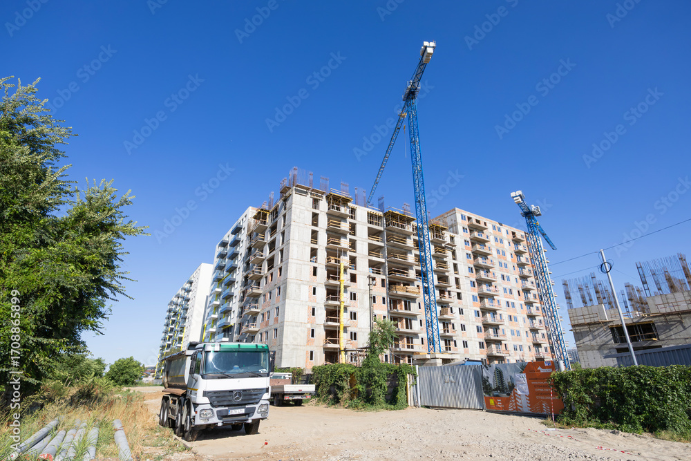 Bucharest, Romania - 08.07.2025: Construction of a new residential area ...