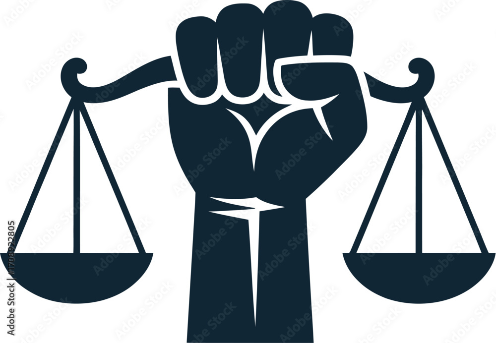 Raised fist holding justice scales vector symbolizing equality ...