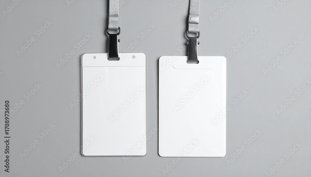 Two blank white identification cards with lanyards and metal clips ...
