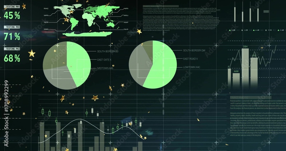 Displaying data dashboard on dark screen, with world map, pie charts ...