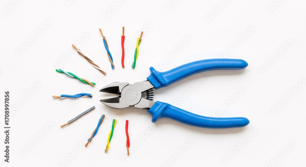 Professional wire cutters and stripped electrical wires arranged in a ...