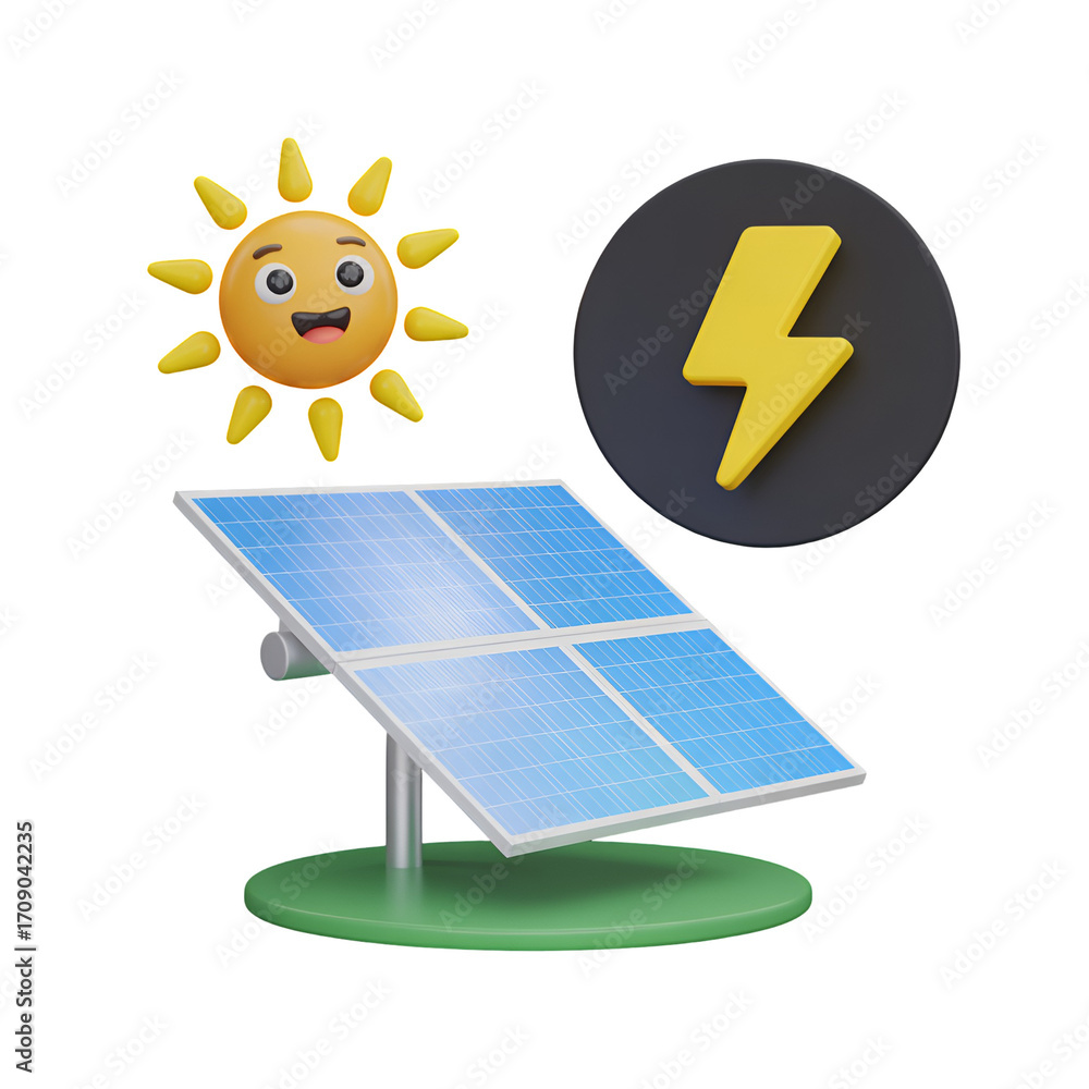3D Cartoon Sun Solar Panel and Lightning Bolt Energy Icon solar energy ...