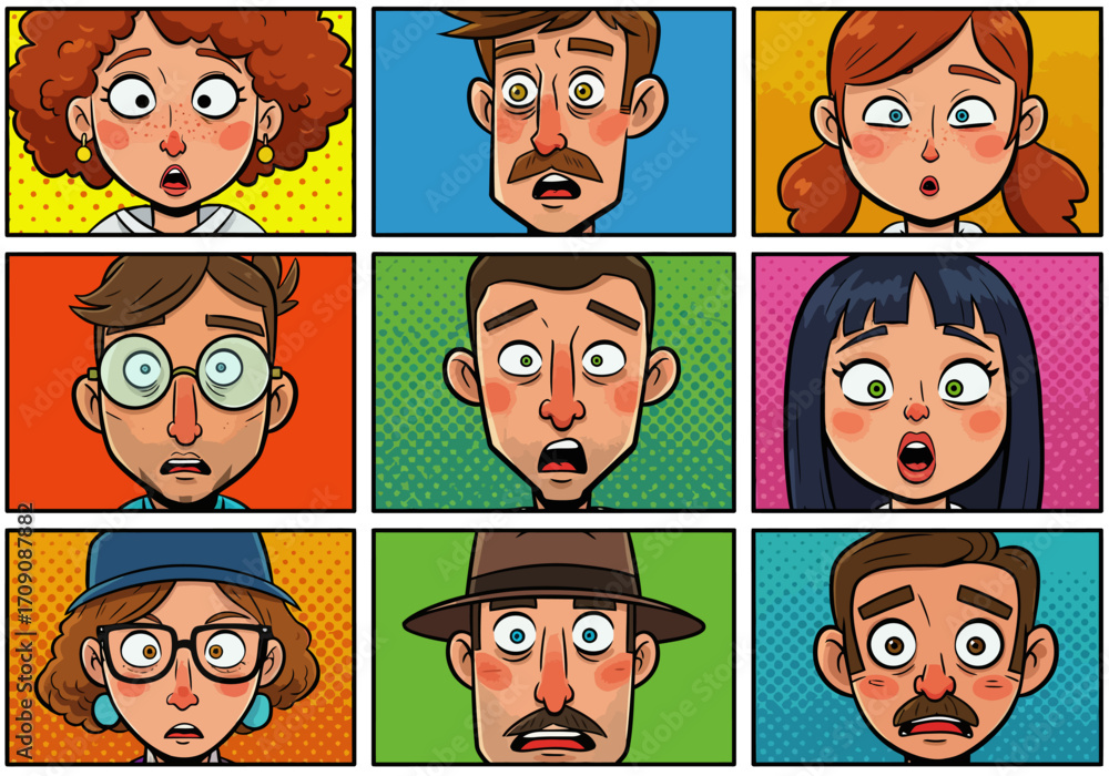 Cartoon Faces Expressing Shock and Surprise in a Comic Book Style Grid ...