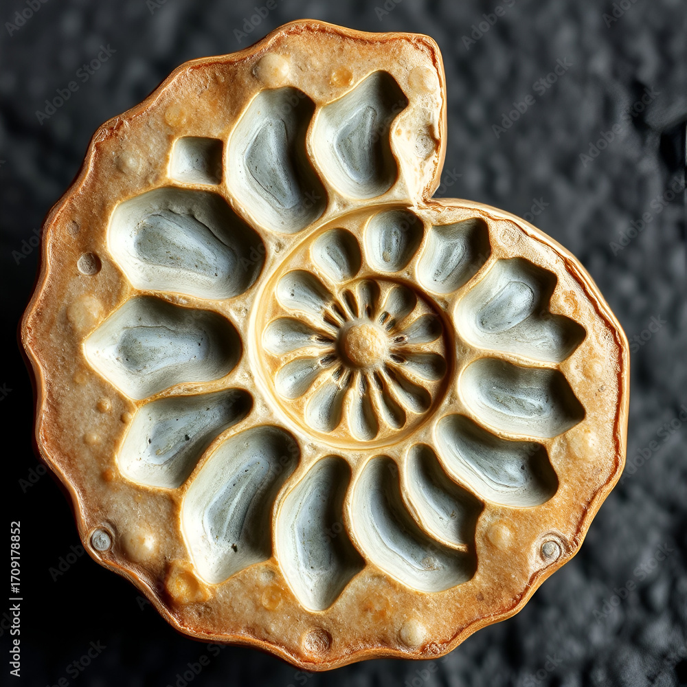 Fotografie Macro photograph of a split fossilized ammonite shell ...