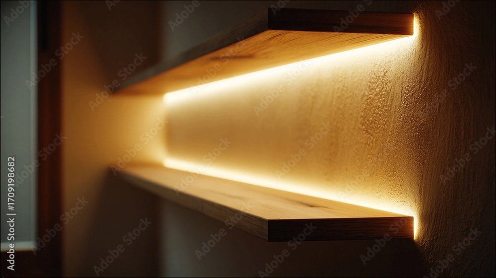 Soft-glowing LED light strip installed under floating shelf powered ...