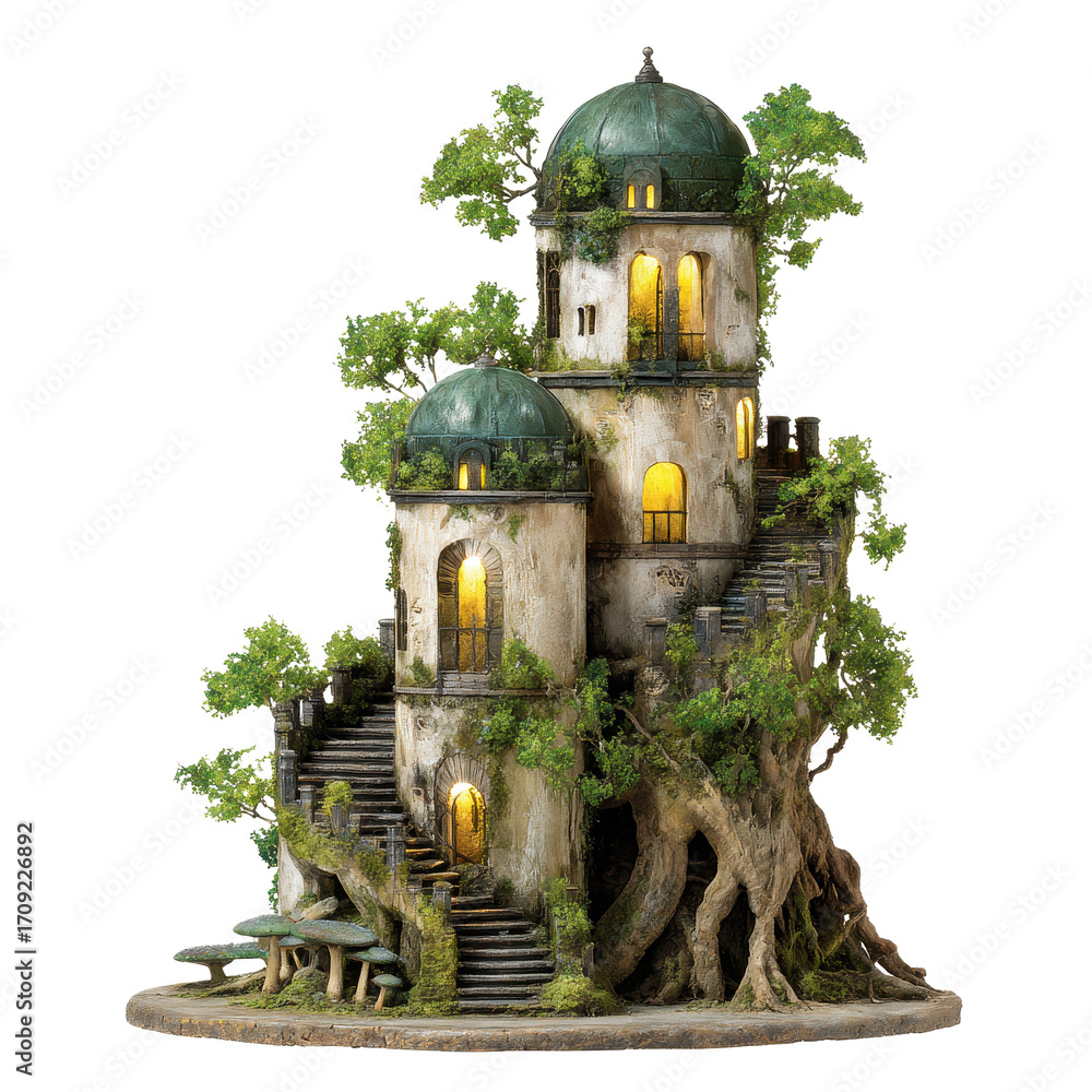 Detailed miniature fantasy castle structure built around an old tree ...
