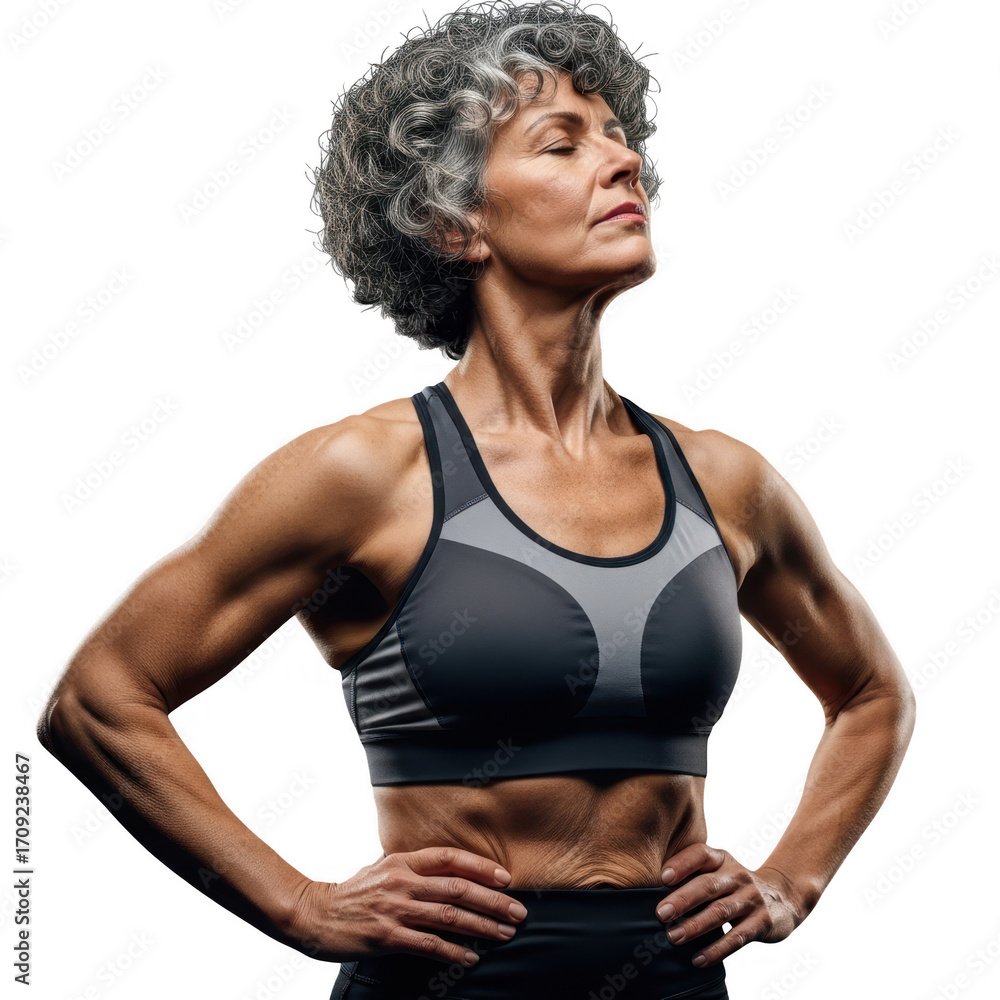Fit older woman confidently posing with sculpted muscles after workout ...