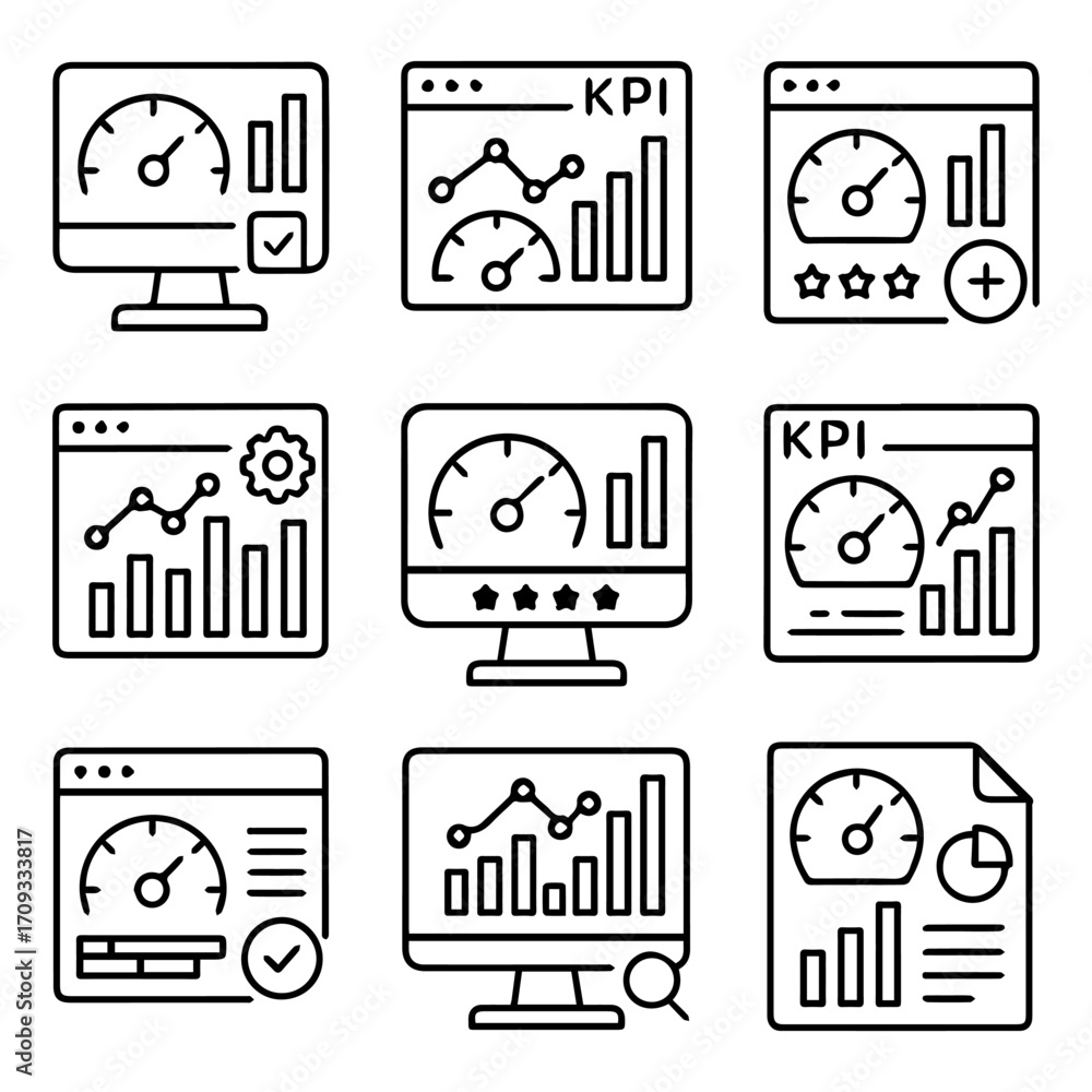 Nine Black Outline Data Dashboards Displaying Key Performance ...