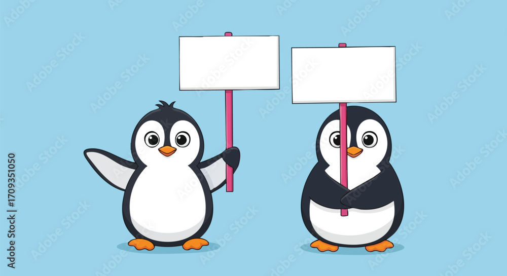 Adorable penguins holding blank signs, perfect for adding your message ...