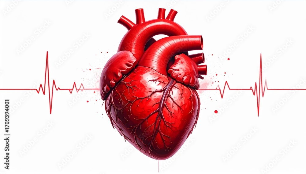 Realistic anatomical heart illustration with surrounding ECG line on ...