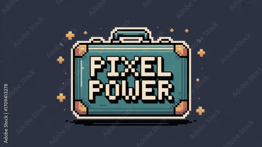 Pixel art briefcase with pixel power text design for retro gaming and ...