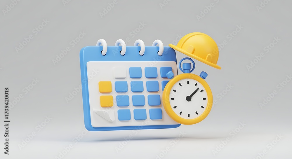 Project Timeline Management with Calendar Stopwatch and Hard Hat 3D ...