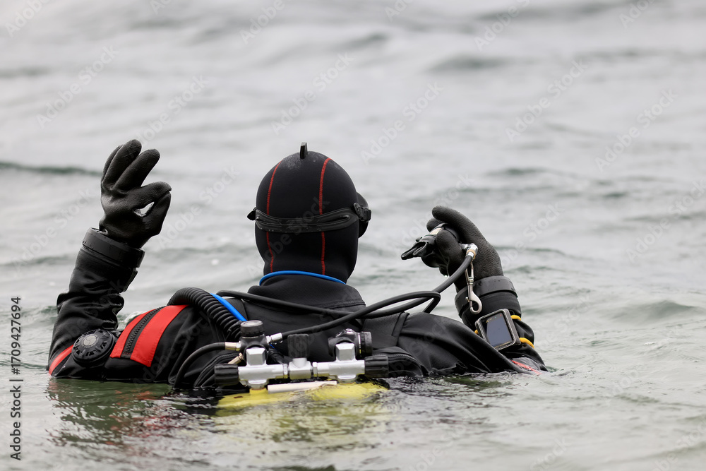Diver in a dry suit prepares to dive into cold water, extreme diving ...
