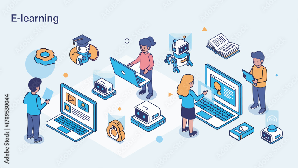 Students interact with robots and laptops in a modern classroom ...