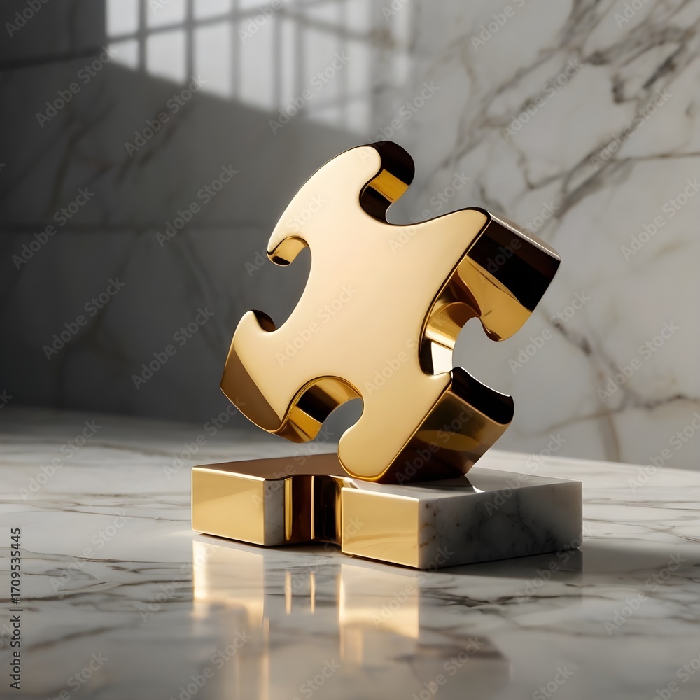 Golden 3D puzzle piece placed on white marble pedestal with dramatic ...