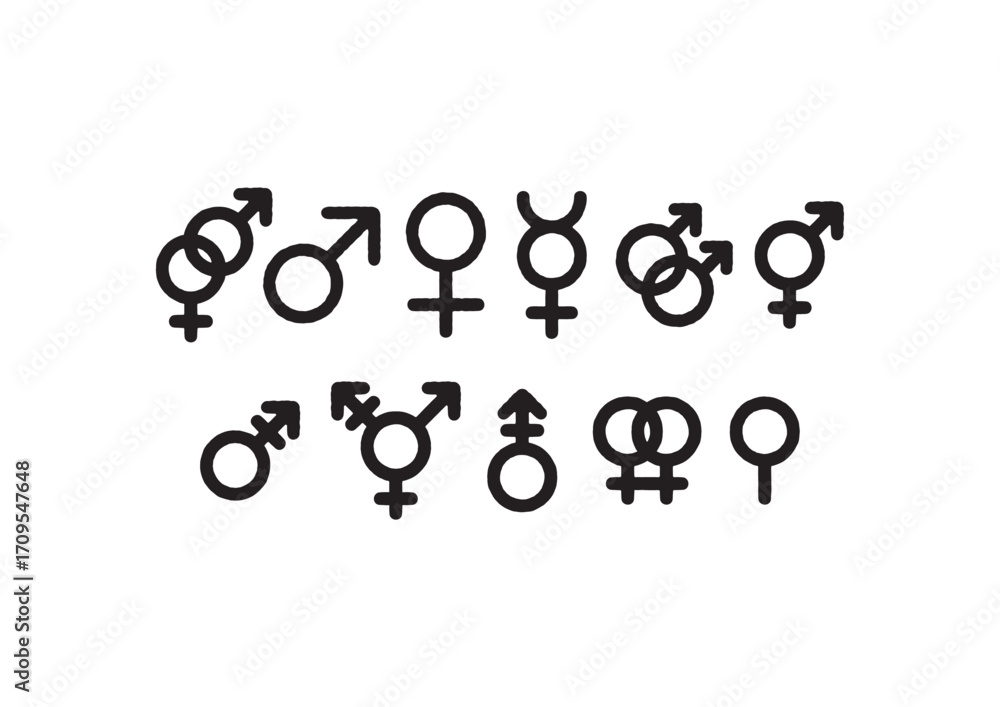 Variety of gender and identity symbols, encompassing male, female, and ...