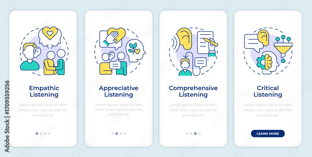 Types of listening onboarding mobile app screen. Emotional intelligence ...