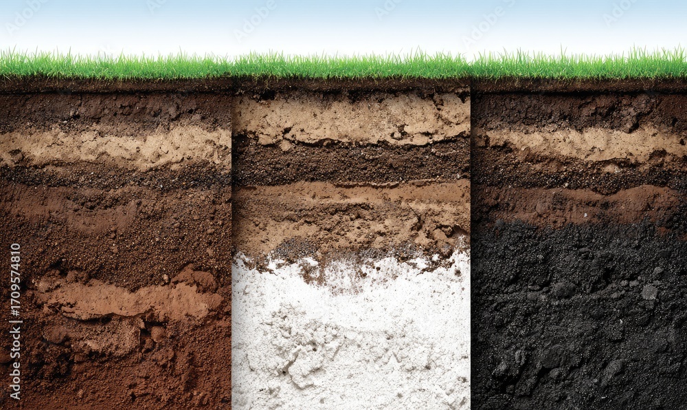 Cross-section view of soil layers, showing various colors and textures ...