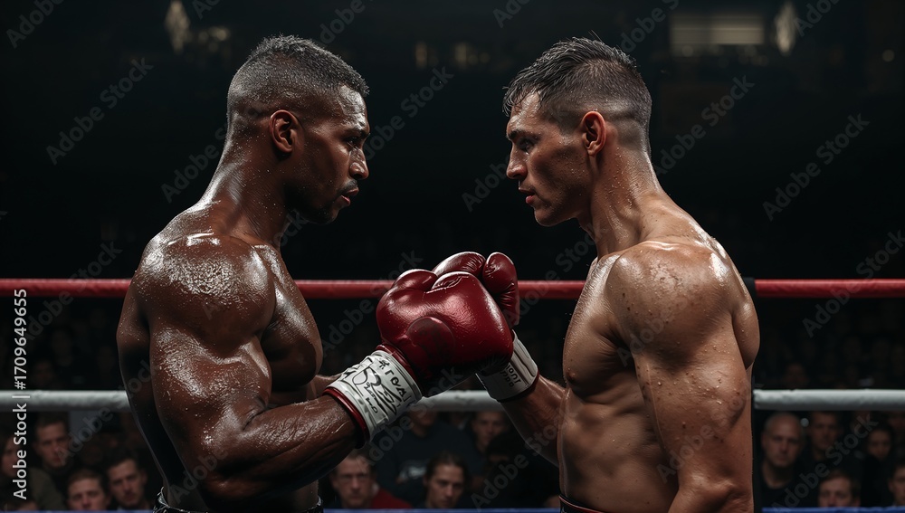 Staring shirtless male boxers sweating inside boxing ring at arena ...