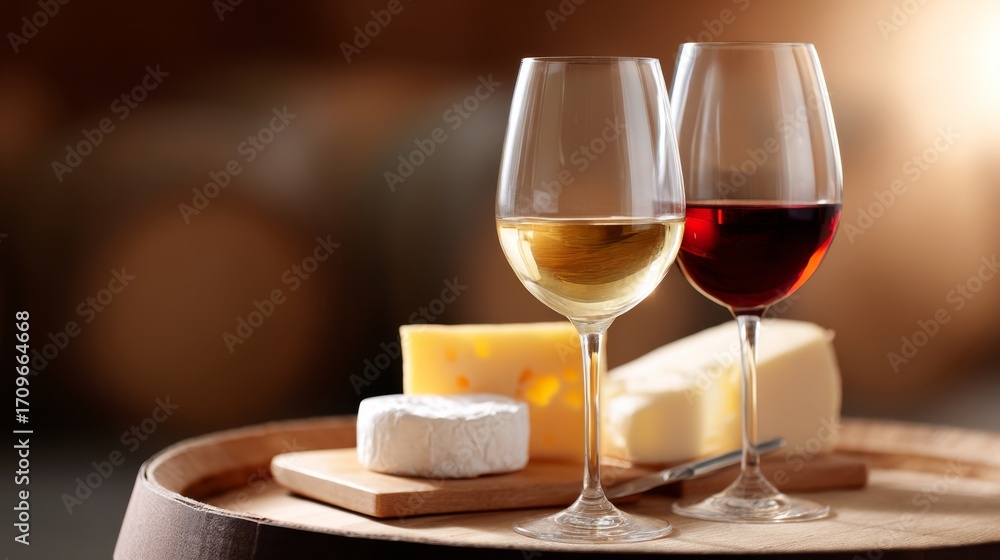 Elegant display of white and red wine in glasses paired with assorted ...