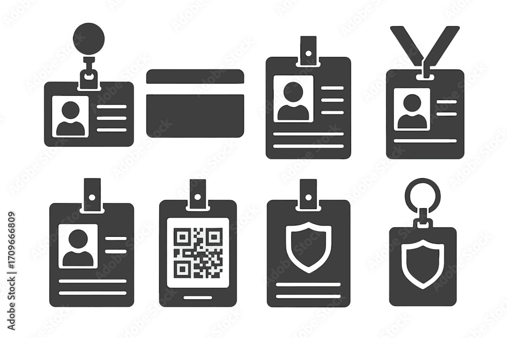 Id badge silhouette icon set. featuring qr code, employee, card ...