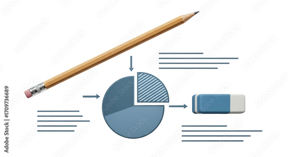 Isolated diagram illustrates process with pencil, pie chart, eraser ...