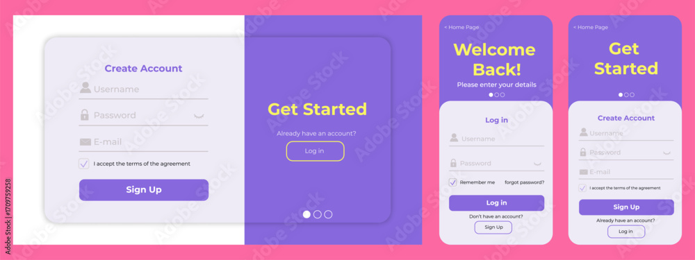 Register and login page layout. User authentication forms. Sign in and ...