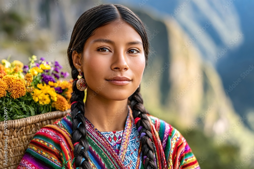 Indigenous quechua woman wearing traditional clothing with flowers in ...
