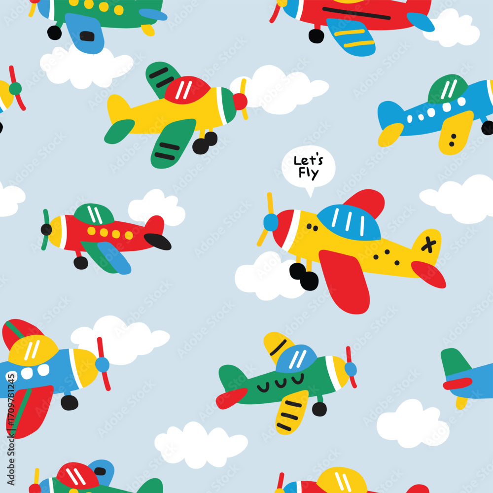 Cute Airplane Seamless Pattern Colorful Cartoon Plane Background Stock ...