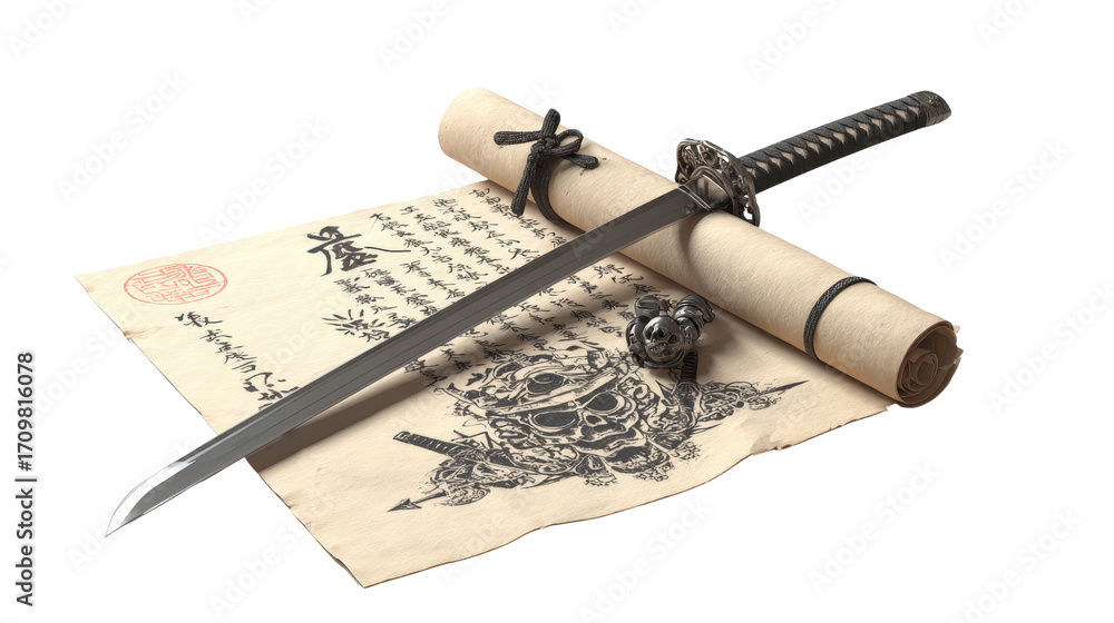 Japanese scroll with samurai symbols and katana beside it,Transparent ...