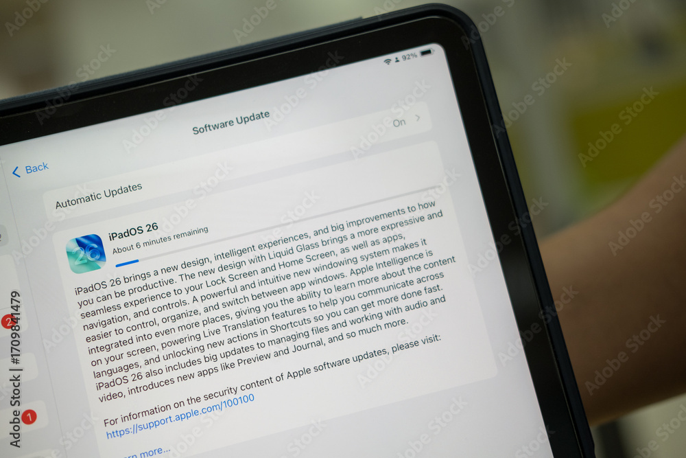 Bangkok, Thailand - September 17, 2025 : iOS 26 update icon and text on iPad angled close up ...