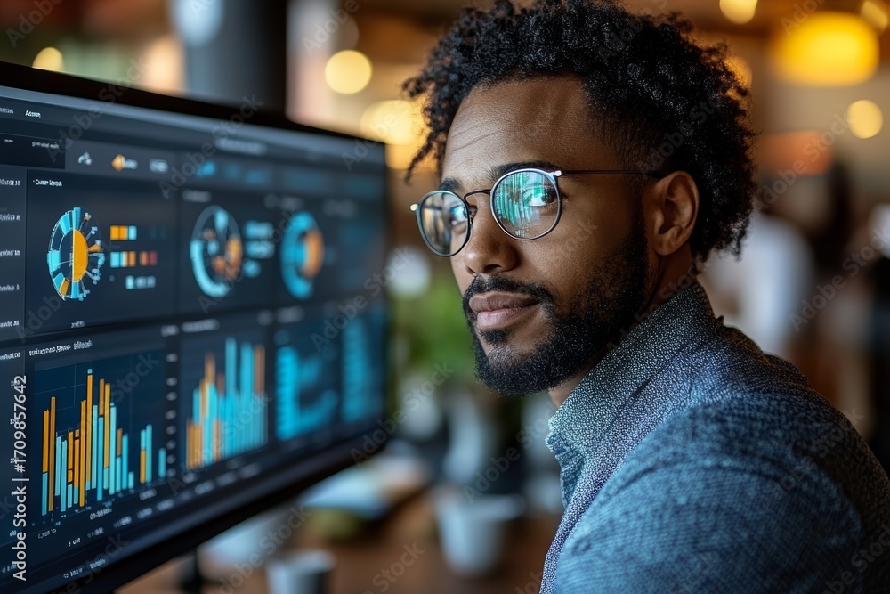 Corporate executive analyzing business growth charts on digital ...