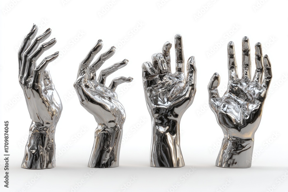 Stock-Foto „Four chrome hands in various poses against white background ...