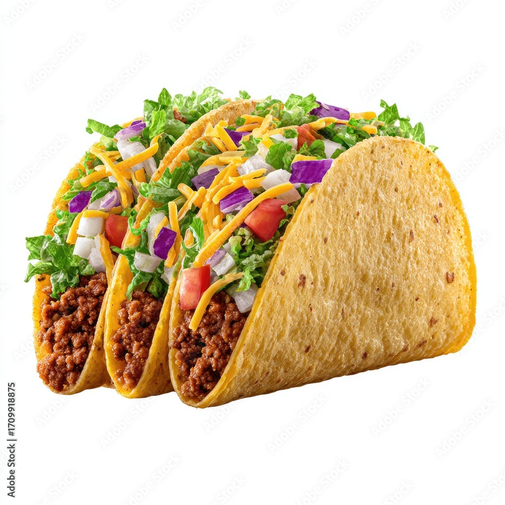 Three tacos, stacked, filled with seasoned ground beef, topped with ...
