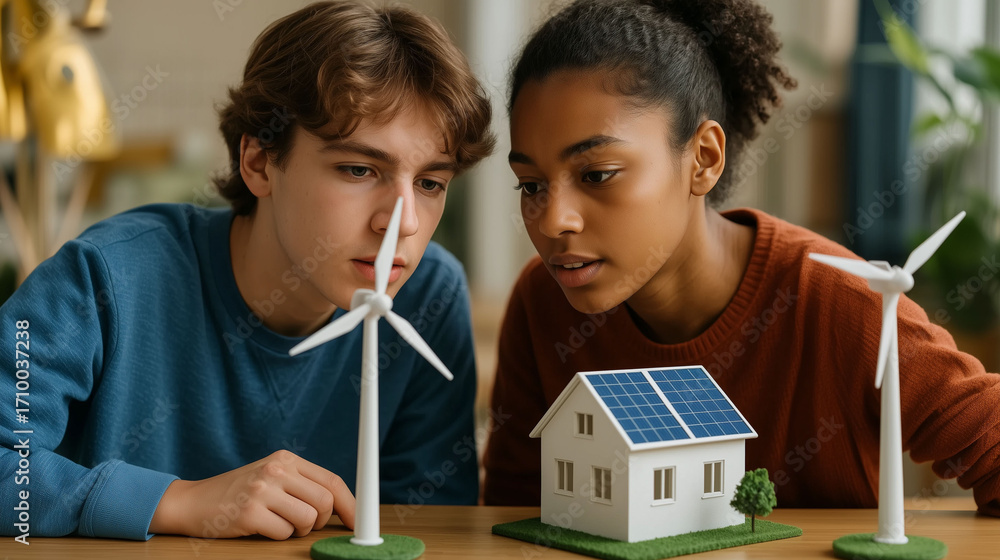 students studying renewable energy model with wind turbine and house ...
