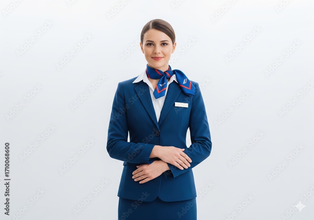 Professional flight attendant in uniform ready to welcome passengers on ...