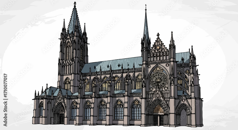 Stock-Vektorgrafik „Hand-drawn cathedral, detailed architectural sketch ...