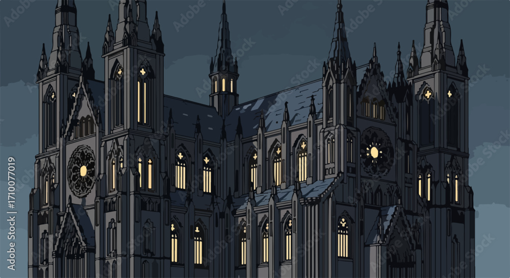 Gothic architecture facade featuring spires and illuminated windows ...