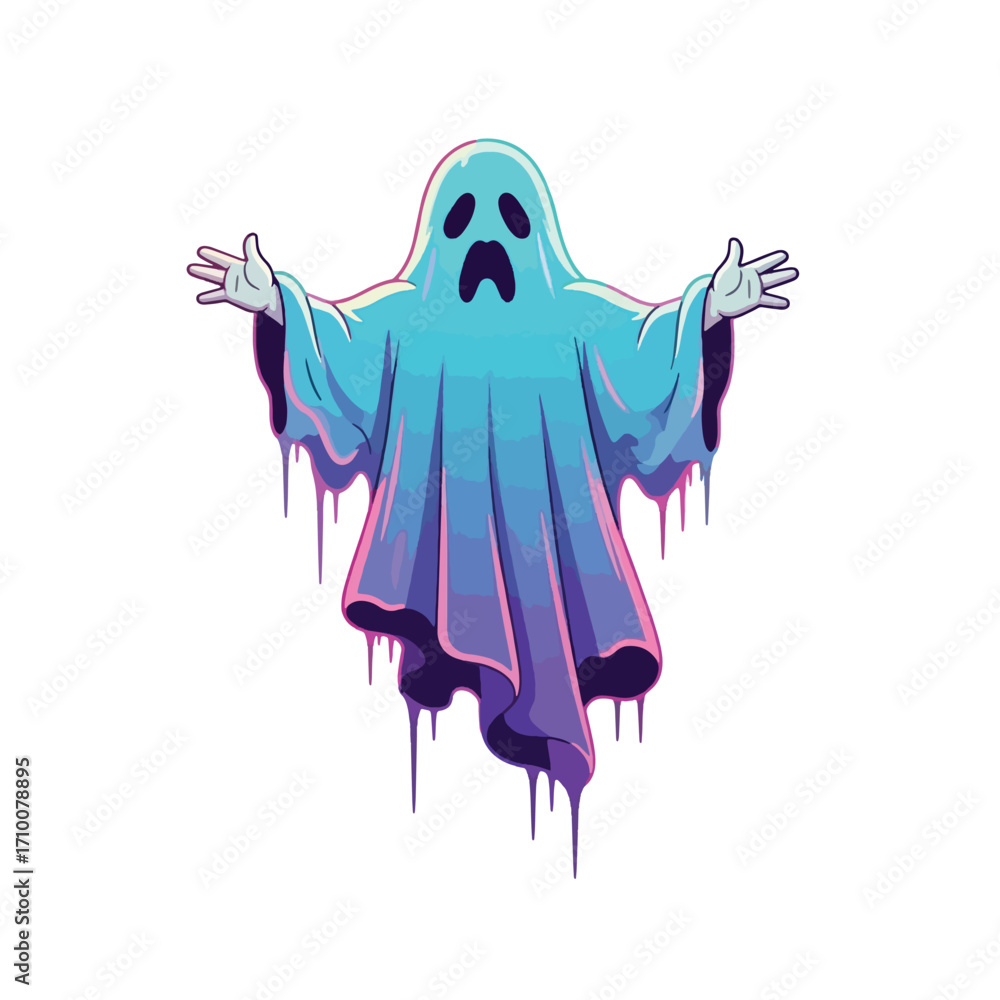 Cartoon ghost with outstretched arms, dripping edges, and a scared ...