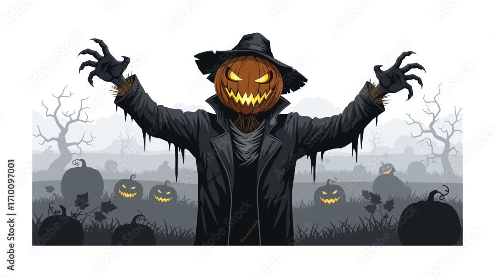 Spooky Scarecrow at Halloween: A chilling scarecrow with a carved ...
