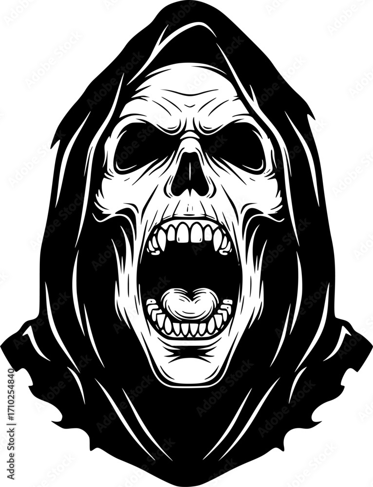 Grim Reaper with Open Mouth Screaming and Showing Teeth, Black and ...