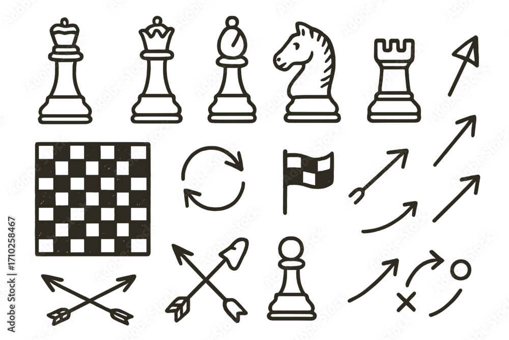 Hand-drawn chess doodles icon set. Classic pieces like king, queen ...